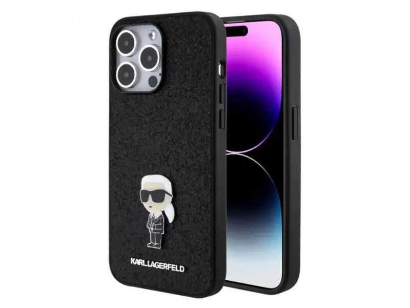 KARL LAGERFELD MASKA ZA IPHONE 15 PRO MAX IKONIK FIXED GLITTER IKONIK LOGO METAL PIN BLACK
