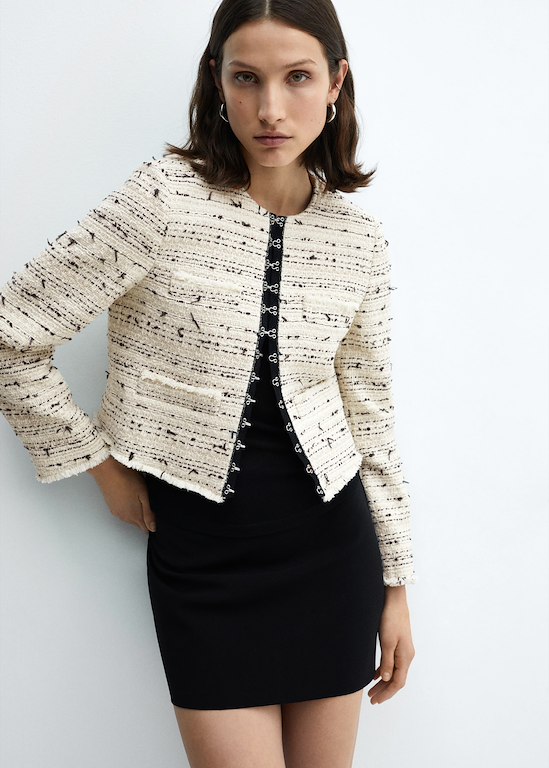 Tweed jacket with hook-and-eye fastenings