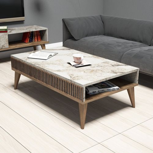 Milan - Walnut, White Marble Walnut White Coffee Table