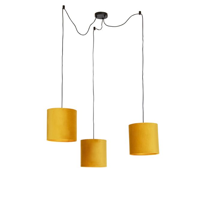 Viseća lampa sa 3 velur nijanse žute sa zlatnom - Cava