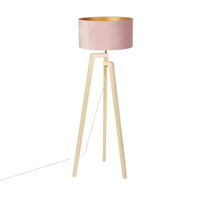 Stativ za podnu lampu drvo sa roze velur abažurom 50 cm - Puros