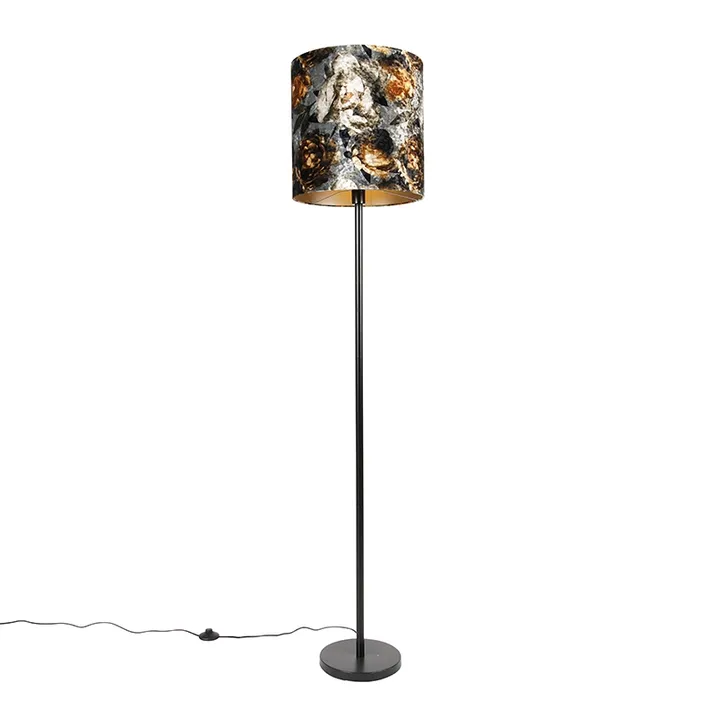 Klasična podna lampa crna tkanina abažur cveće 40 cm - Simplo