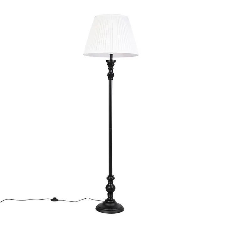 Podna lampa crna sa plisiranim abažurom bela 45 cm - Classico