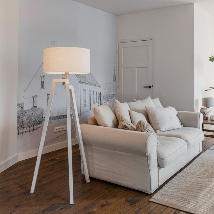 Stativ za podnu lampu belo drvo sa belim abažurom 50 cm - Puros