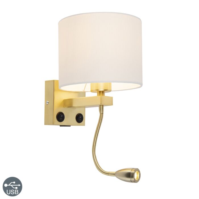 Zlatna zidna lampa USB sa belim abažurom - Brescia Combi