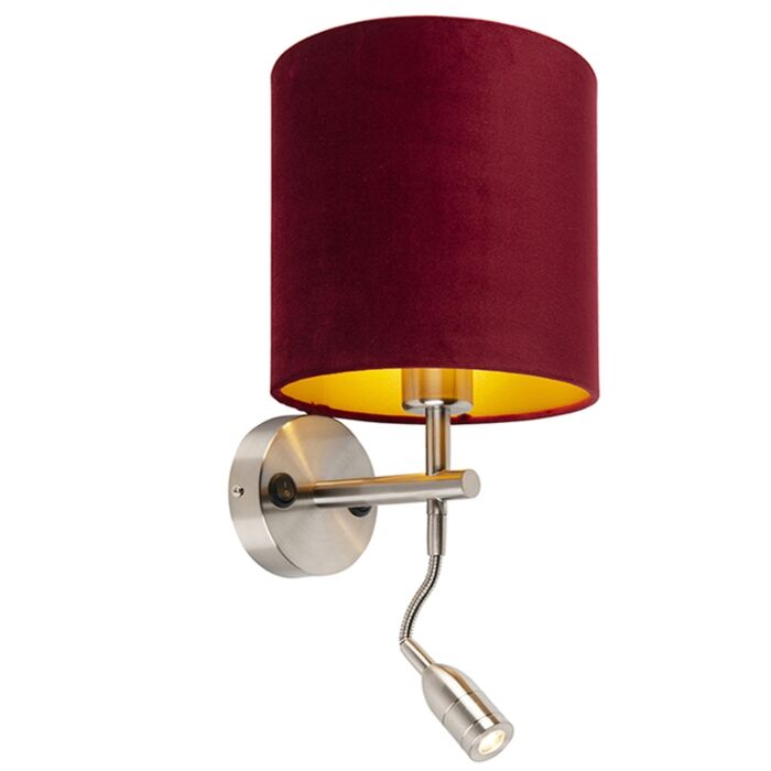 Zidna lampa čelična sa lampom za čitanje i abažurom somot 20/20/20 crvena