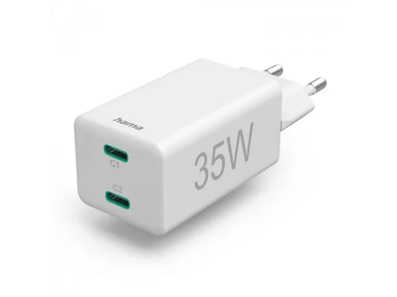 HAMA Kućni Punjač, PD/Qualcomm, 2xUSB-C, 35W, Beli