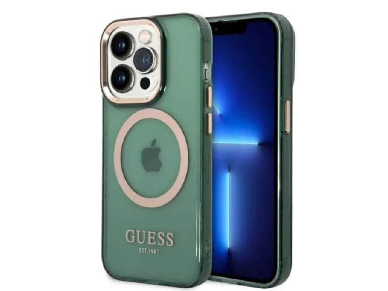 GUESS Gold Outline Translucent Maska za iPhone 14 Pro Max, MagSafe, Zelena