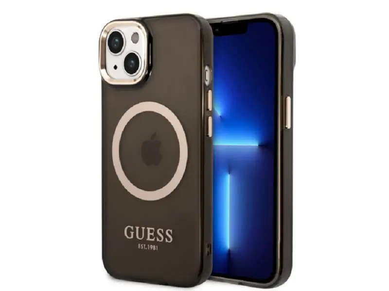 GUESS Maska za iPhone 14 Plus, Gold Outline, Translucent, MagSafe, Crna