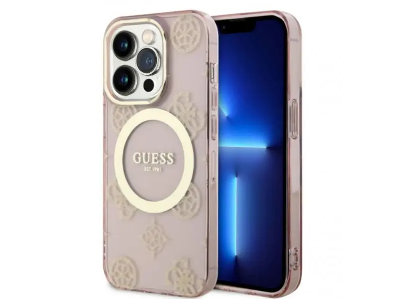 GUESS IML Glitter Peony Gold Maska za telefon iPhone 14 Pro, MagSafe, Roze