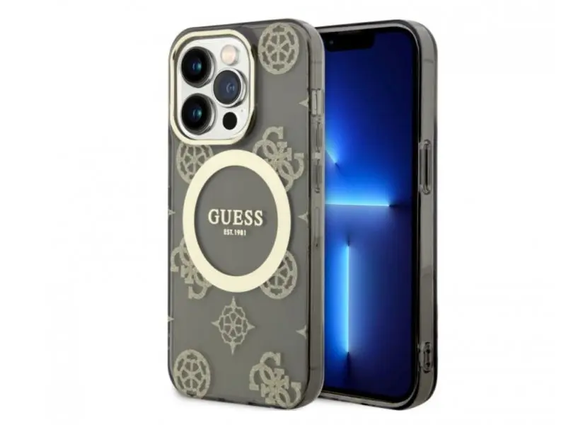 GUESS IML Glitter Peony Gold Maska za telefon iPhone 14 Pro, MagSafe, Crna