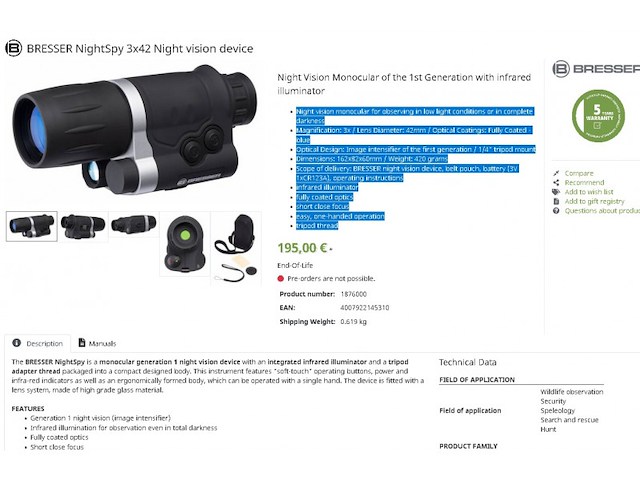 Bresser NightSpy 3x42 Night Vision Scope