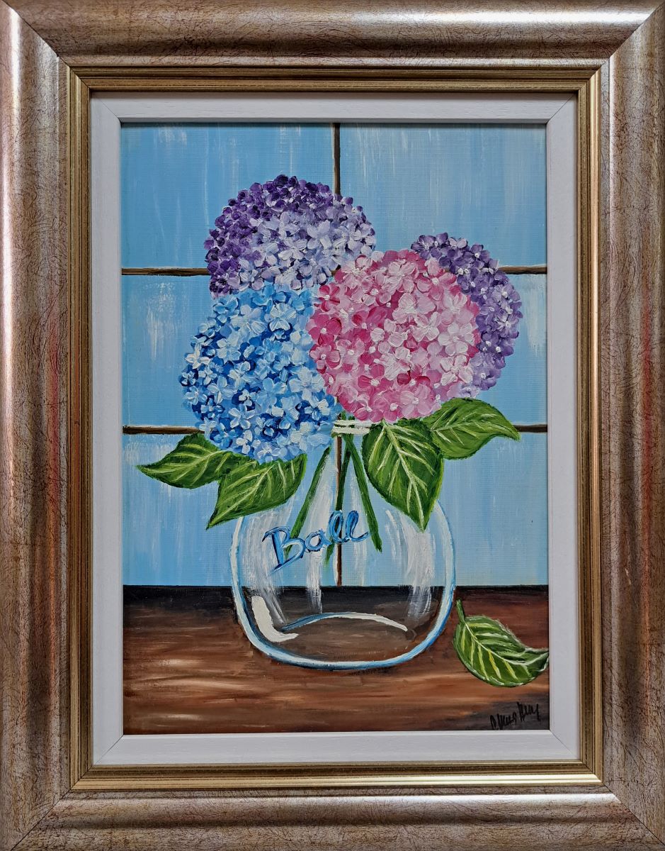 Hortenzije 2, Snežana Jakšić, akril na kartonu, sa 40×31 cm, bez 30×20 cm, sertifikat, 4720 dinara