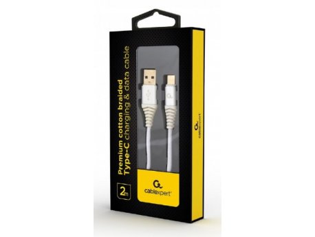 GEMBIRD CC-USB2B-AMCM-2M-BW2 Gembird Premium cotton braided Type-C USB charging -data cable,2m, silver/white