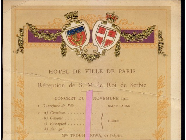 Petar I Karađorđević - program koncerta 1911 Pariz