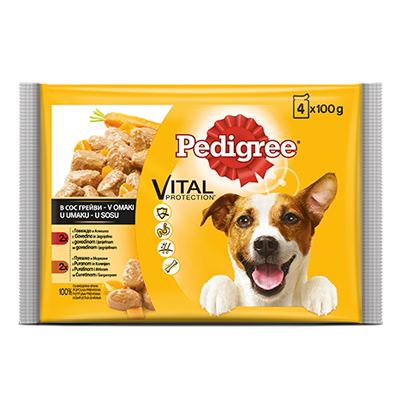 Pedigree multipack za pse adult mesani izbor- govedina, jagnjetina i curetina sa sargarepom u sosu 4x100gr