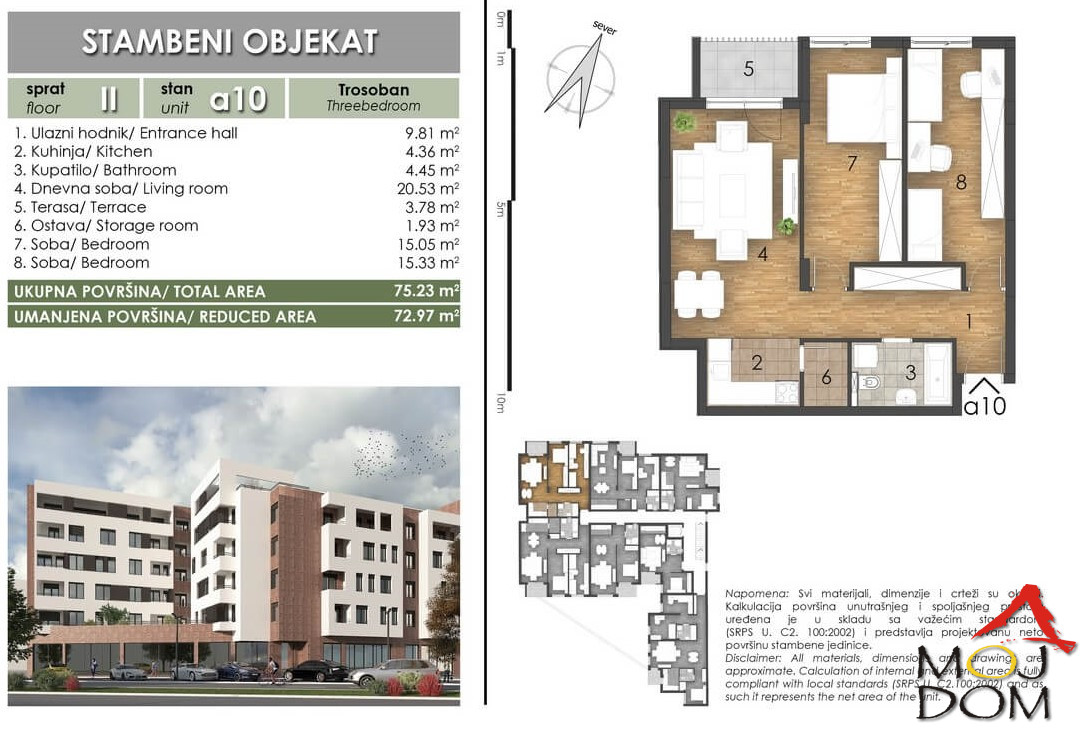 Stan,NOVI SAD,SOMBORSKI BULEVAR,kv: 75, € 203900, ID: 1027879