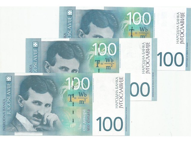 Jugoslavija 100 dinara 2000. UNC x 3 kom.