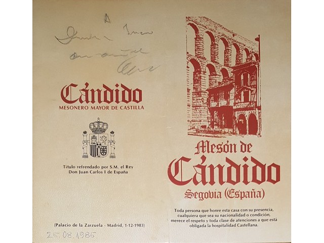 Brošura i Račun `MESÓN de CÁNDIDO` Segovia Spain