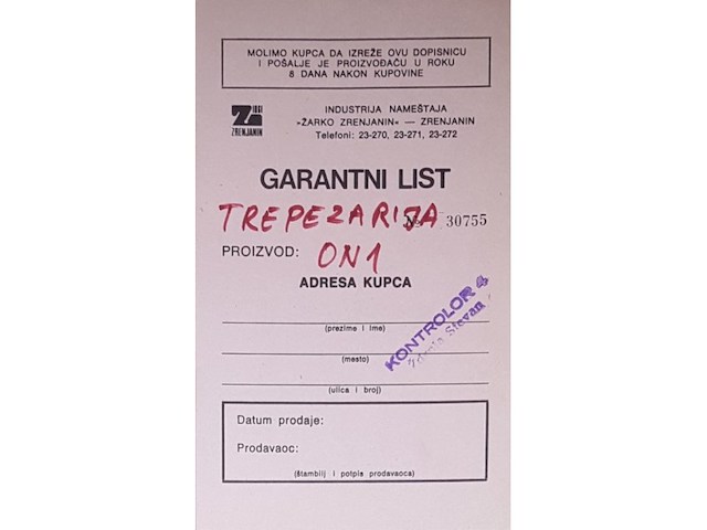 Garantni List `ŽARKO ZRENJANIN` Jugoslavija