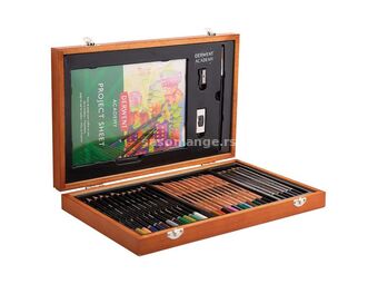 DERWENT Set u drvenoj kutiji boje drvene 12 boja+12 boja-Aquarelle+6 grafitnih olovaka Academy De...