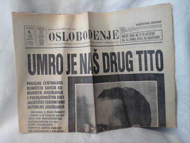 Umro je naš drug TITO Oslobođenje 4 maj 1980 Sarajevo