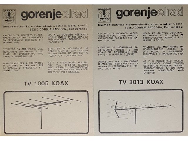 Uputstva Za Antene `GORENJE-ELRAD` Jugoslavija