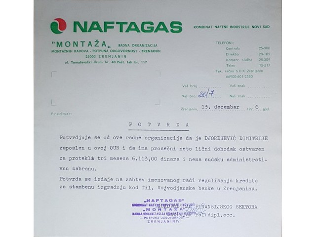 Potvrda `NAFTAGAS MONTAŽA` Zrenjanin Jugoslavija