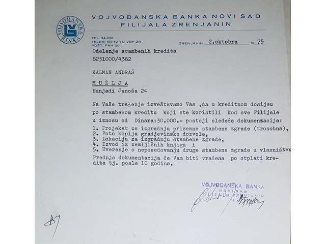 Pismo `VOJVOĐANSKA BANKA` Zrenjanin Jugoslavija