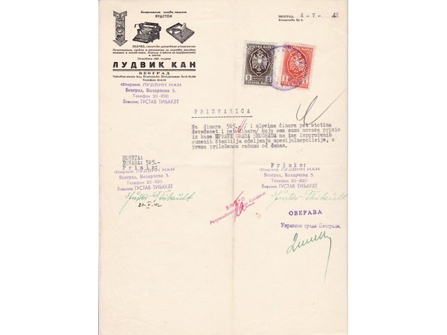 Srbija Nemačka okupacija 1942 dokum.sa 2 taksene marke
