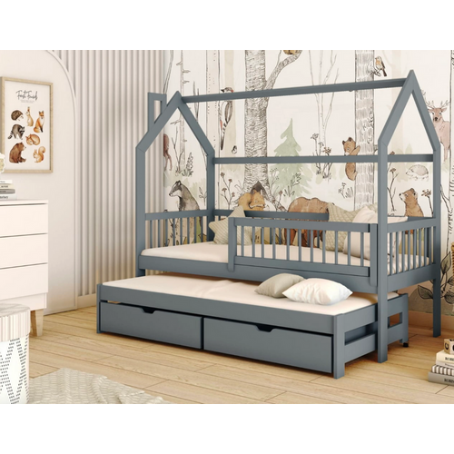 Drveni dečiji krevet Papi sa dodatnim krevetom i fiokom - grafit - 190/200x90 cm