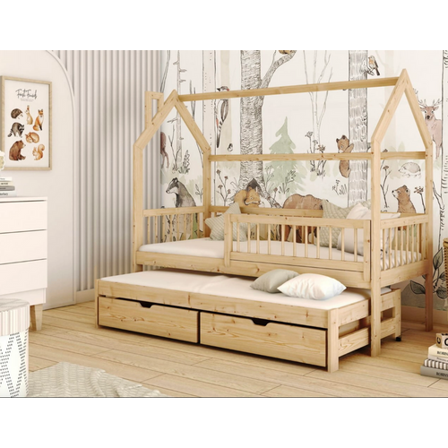 Drveni dečiji krevet Papi sa dodatnim krevetom i fiokom - svetlo drvo - 190/200x90 cm