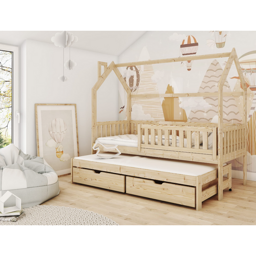 Drveni dečiji krevet Monkey sa dodatnim krevetom i fiokom - svetlo drvo - 190/200x90 cm