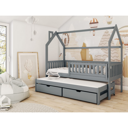 Drveni dečiji krevet Monkey sa dodatnim krevetom i fiokom - grafit - 190/200x90 cm