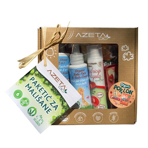 Azeta Bio Paketić za mališane 0m+(aloe vera sampon za kosu I telo 200ml, krema za lice I telo 100ml, pasta jagoda 50ml+gratis Organix 2 grickalice)