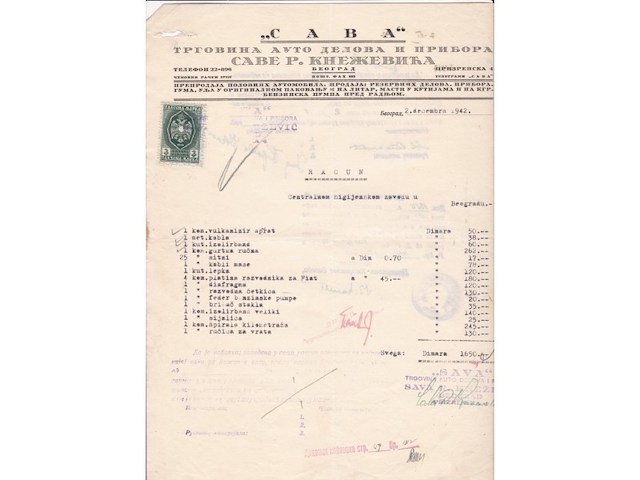 Srbija Nemačka okupacija 1942 dokument sa taks. markom