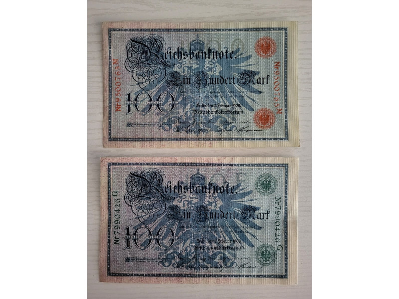 Nemačka 100 maraka 1908, crveni i zeleni žig