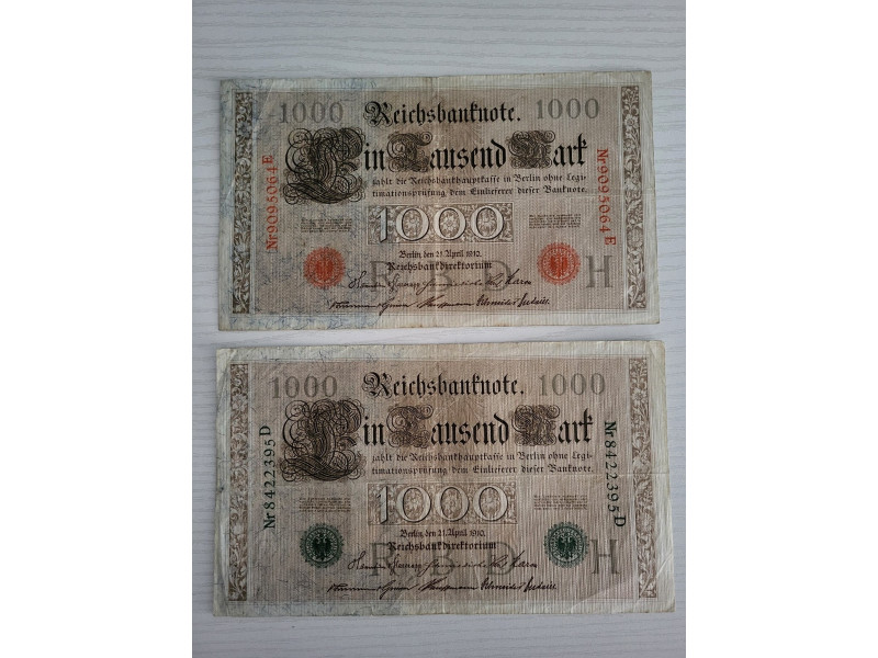 Nemačka 1000 maraka 1910, crveni i zeleni žig