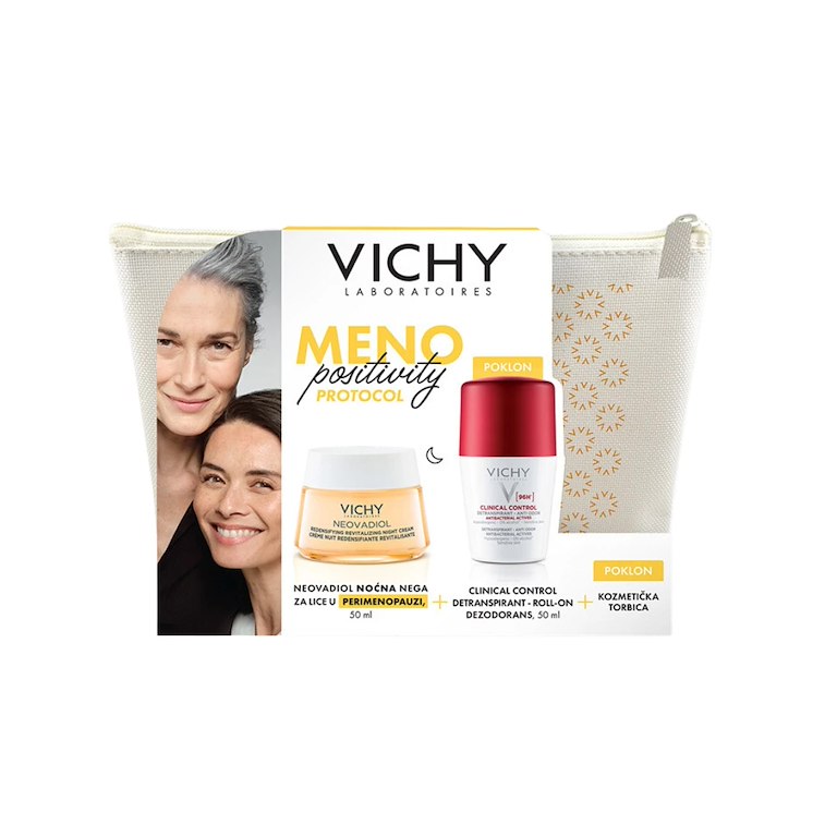 VICHY PROMO MENO Positivity NEOVADIOL PERI-menopause Dnevna Krema 50 mL, DEODORANT Clinical Control 96H 50 mL i Kozmetička Torbica