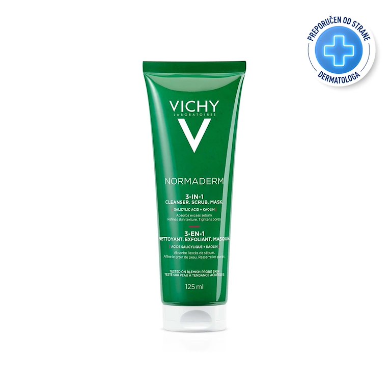 VICHY NORMADERM 3u1 Nega za Kožu Sklonu Aknama Krema za Čišćenje Lica, Piling, Maska 125 mL