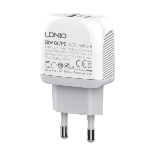 Kucni punjac LDNIO A2316C QC3.0 18W, PD 20W Type-C na Lightning beli (MS)