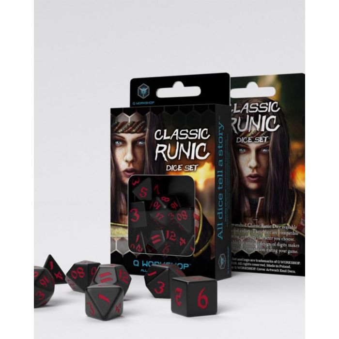 Kockice Q Workshop - Classic Runic Black & Red - Dice Set (7)