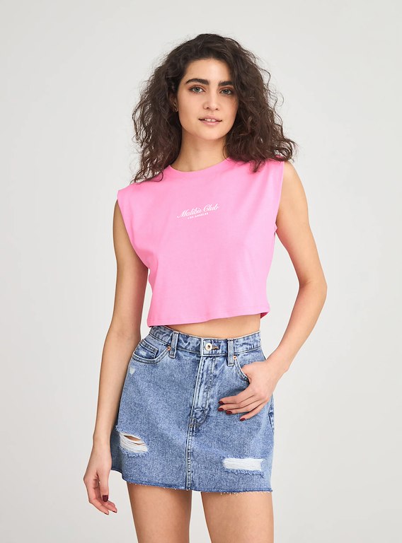 Majica kratkog kroja bez rukava sa natpisom Roze fluorescentna