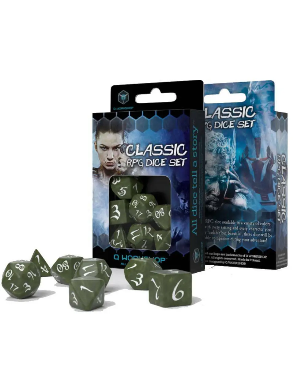 Q WORKSHOP Kockice Classic Classic RPG Olive & White Dice 7/1