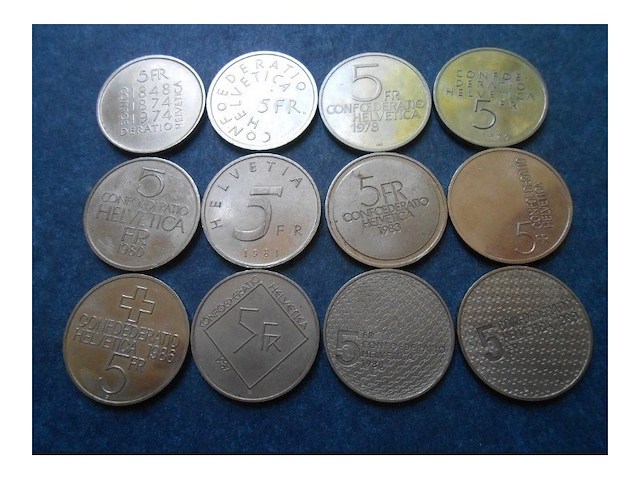 Švajcarska 12 x 5 jubilarnih švajcarskih franaka