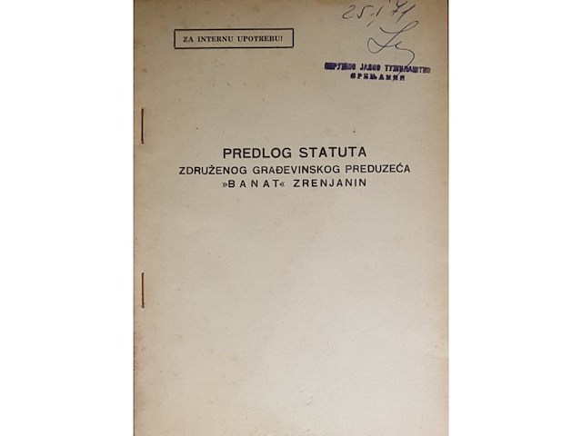Predlog Statuta `GIK BANAT` Zrenjanin Jugoslavija