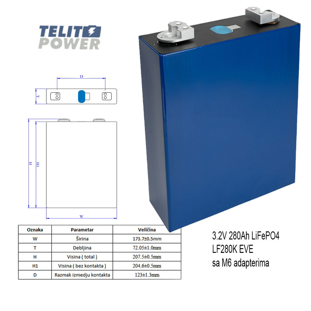 Baterija LiFePO4 3.2V 280Ah LF280K sa M6 konektorima EVE