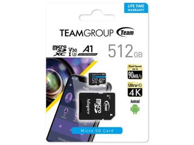TeamGroup MICRO SDXC 512GB ELITE, UHS-I U3 V30 A1, 100/90MB/s +SD Adapter TEAUSDX512GIV30A103