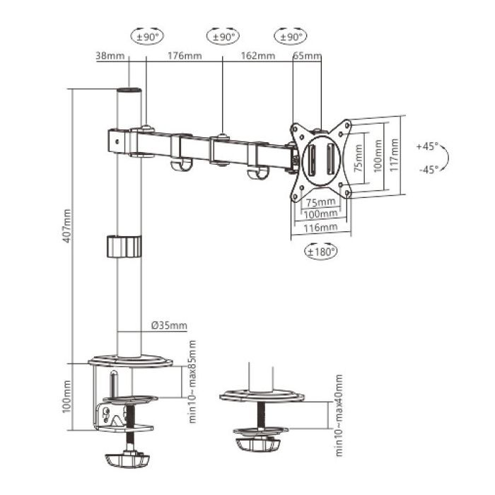 MA-D1-01 Gembird Podesivi stoni drzac za monitor jedna ruka-Produzeni, tilt, 17-32 max.9kg