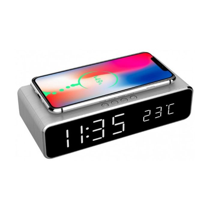 DAC-WPC-01-S Gembird Digitalni sat + alarm sa bezicnim punjenjem telefona, Silver